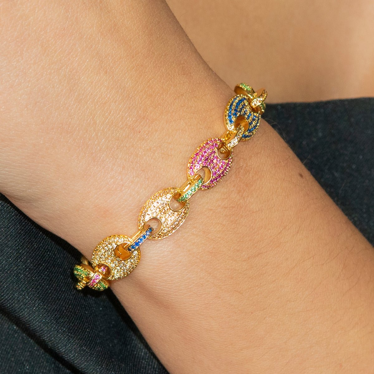 Gold Jewelry - Womens 14K Gold Iced Out VVS Rainbow Puff Bracelet